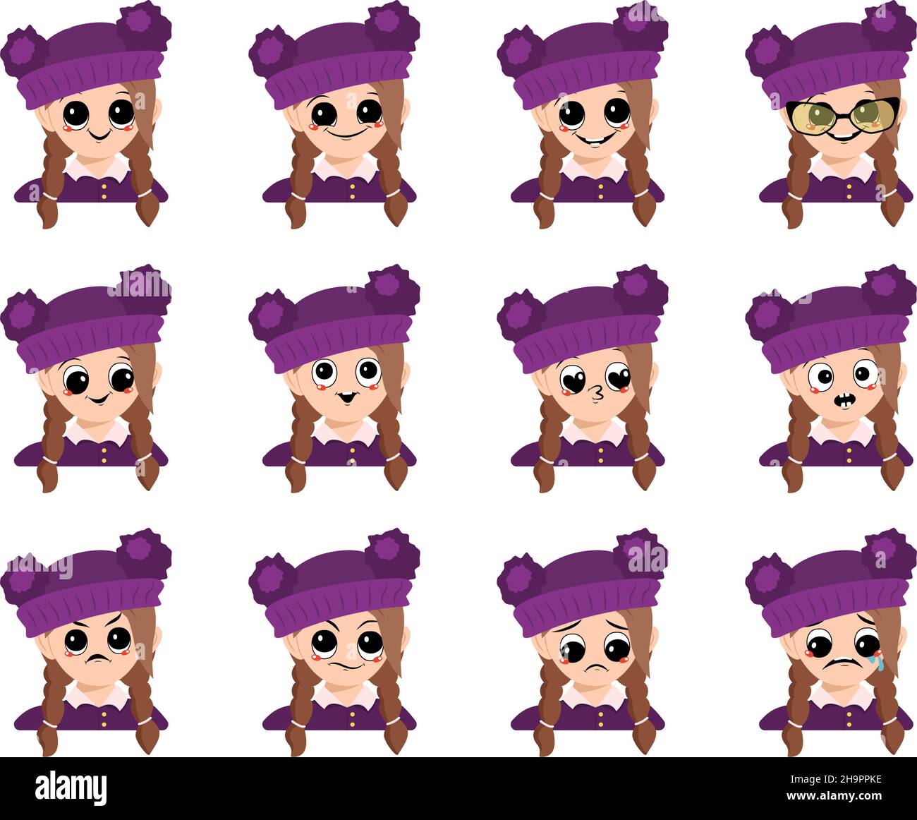 Set of girl avatar with big eyes and wide smile and different emotions ...