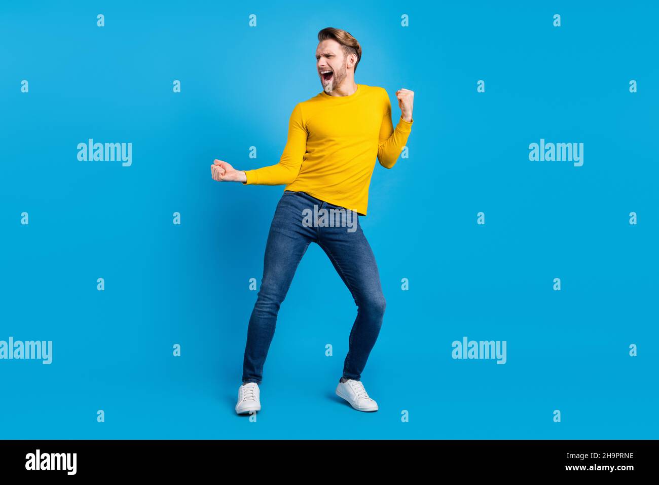 Full length body size photo of funky guy wearing stylish outfit dancing ...