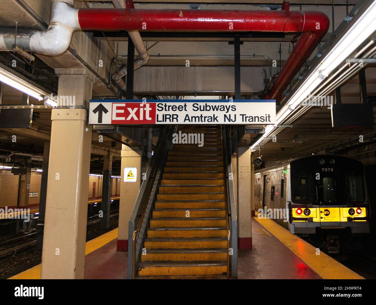 New York City, New York, USA - 21 November 2021: Stair case behind exit ...