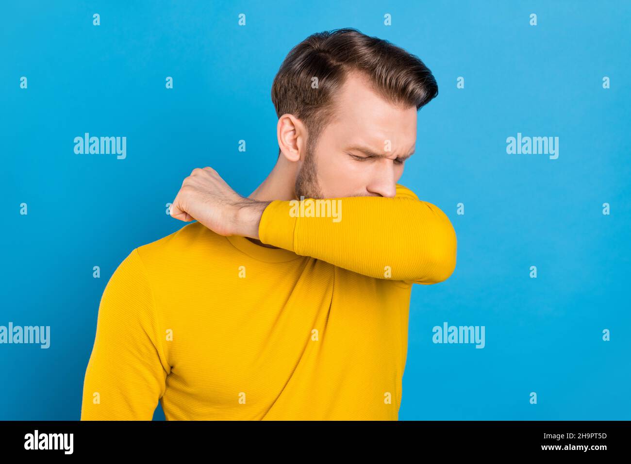 Photo portrait of man caught cold got covid symptoms isolated on bright ...