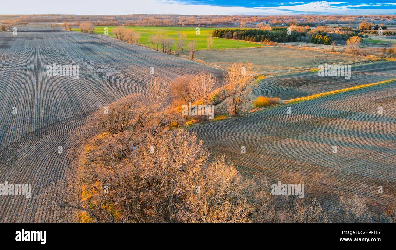 Agriculture farm fields cover Wisconsin along with woods and meadows ...