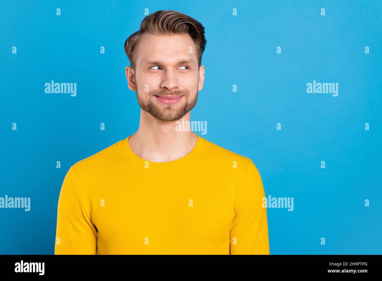 Photo of young handsome man happy positive smile curious interested ...