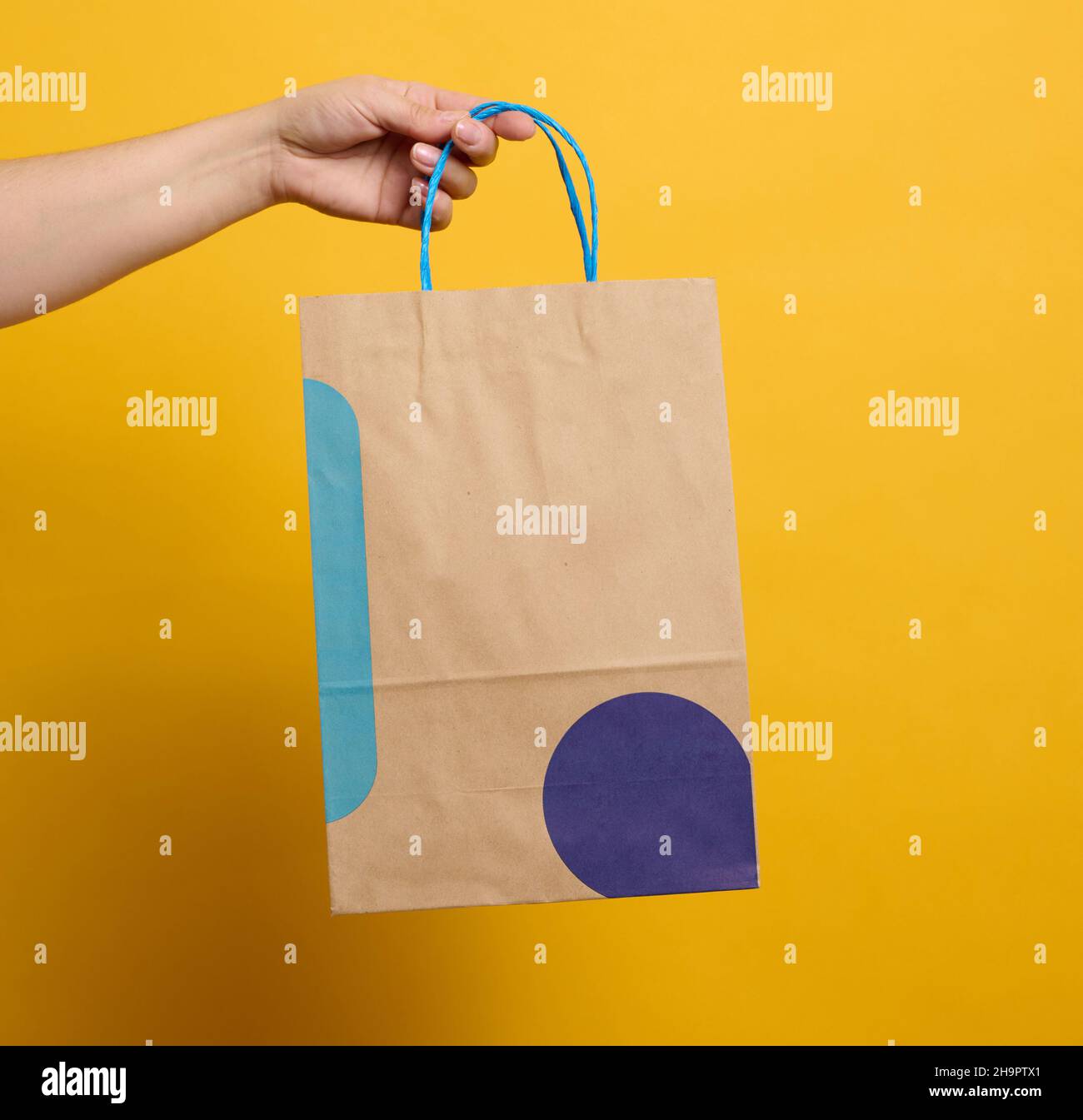 female hand holds a paper disposable bag with handles for groceries and ...