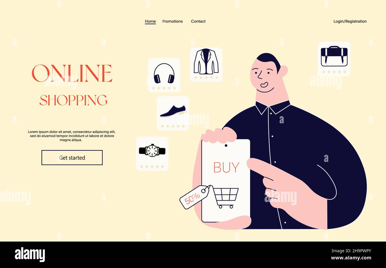 Web banner template with online shopping process. Scene of young man ...