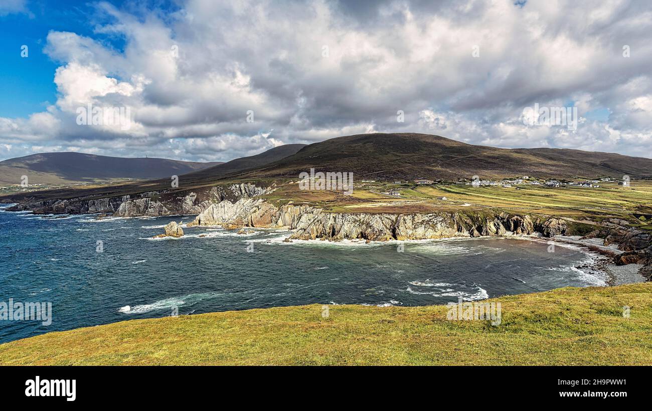 View of bay with cliffs, Ashleam Bay, panoramic route Atlantic Drive ...