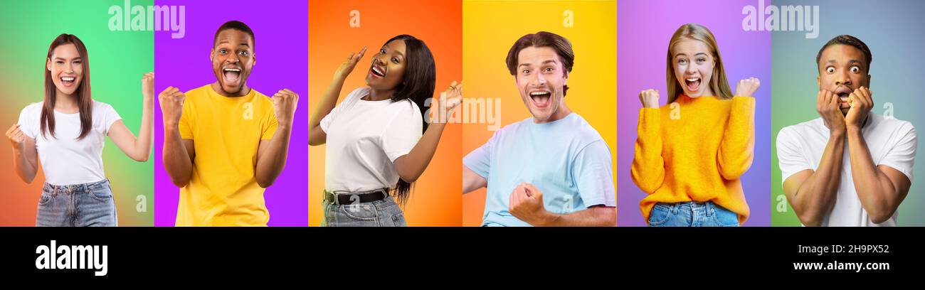 Set of excited multiracial young men and women celebrating success on ...