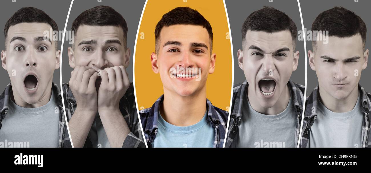 Mood changing concept. Portrait of guy looking at camera, posing in ...