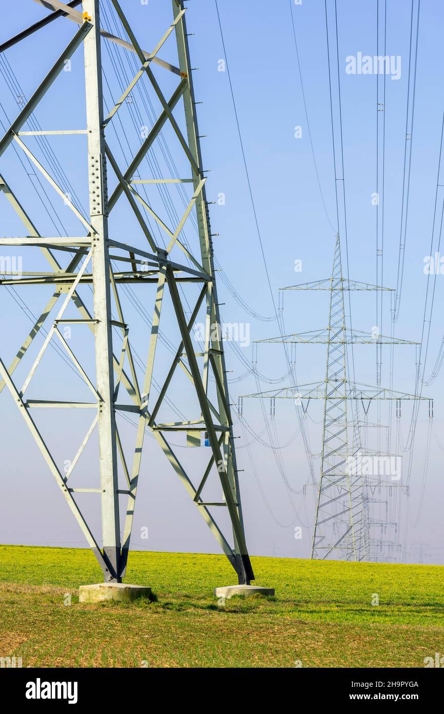 High-voltage pylons, overhead power lines, Baden-Wuerttemberg, Germany ...