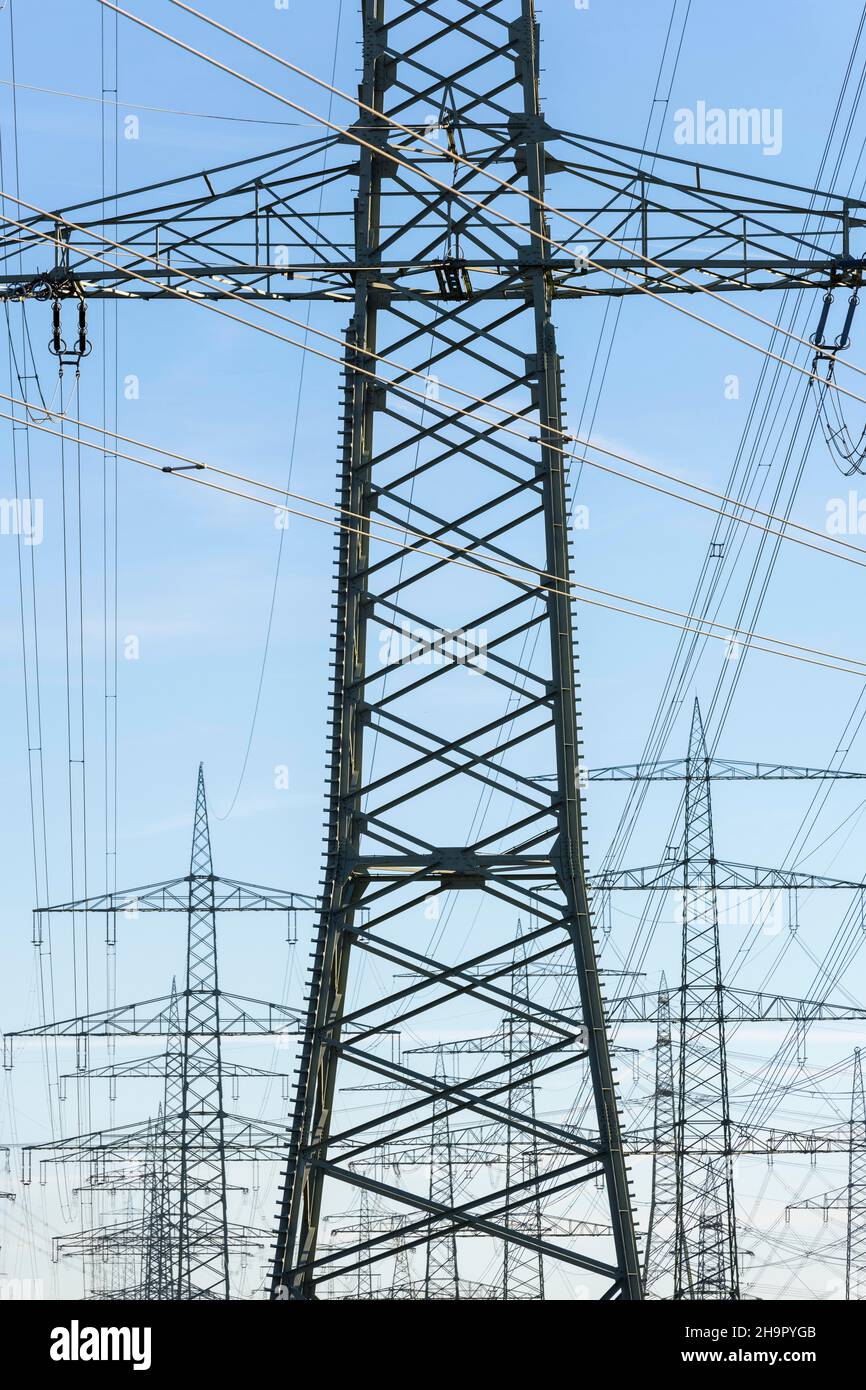 High-voltage pylons, overhead power lines, Baden-Wuerttemberg, Germany ...