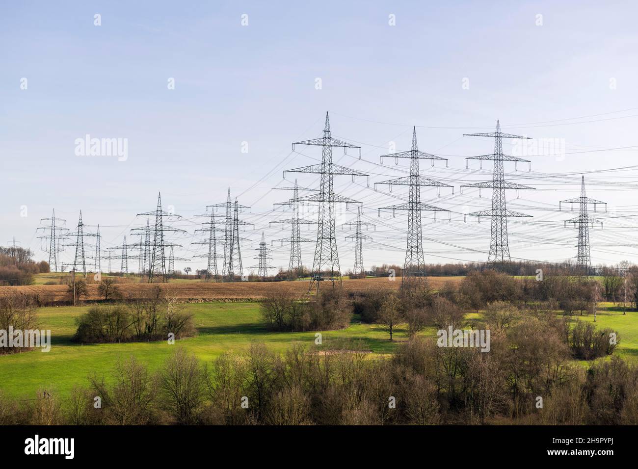 High-voltage pylons, overhead power lines, Baden-Wuerttemberg, Germany ...