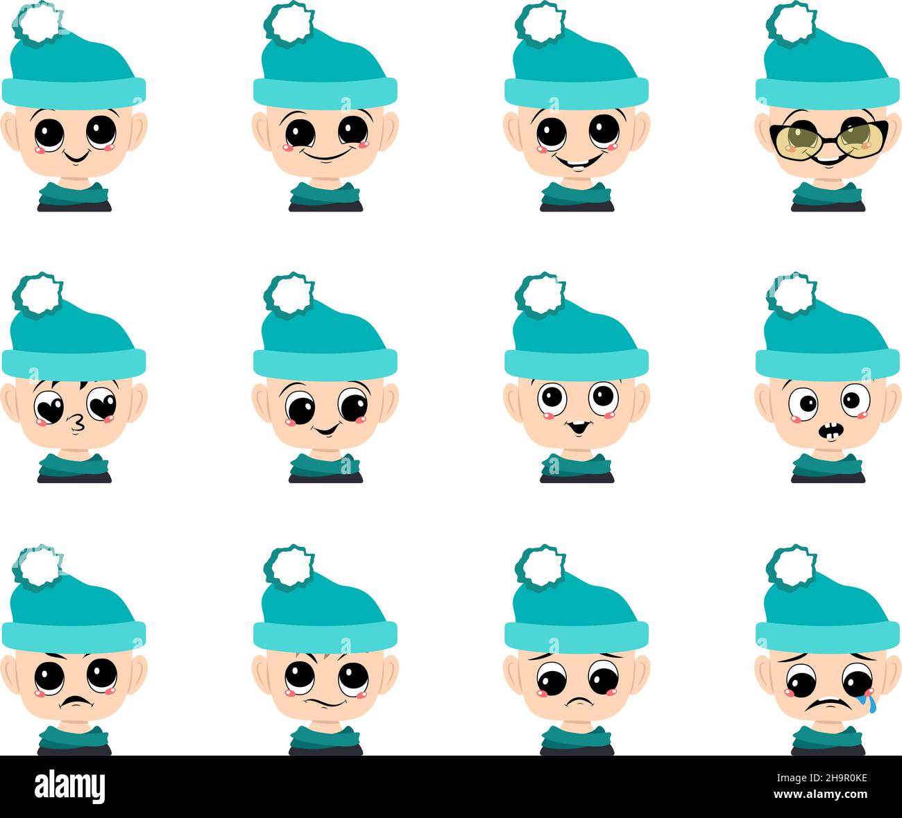 Set of boy avatar with big eyes and wide smile and different emotions ...