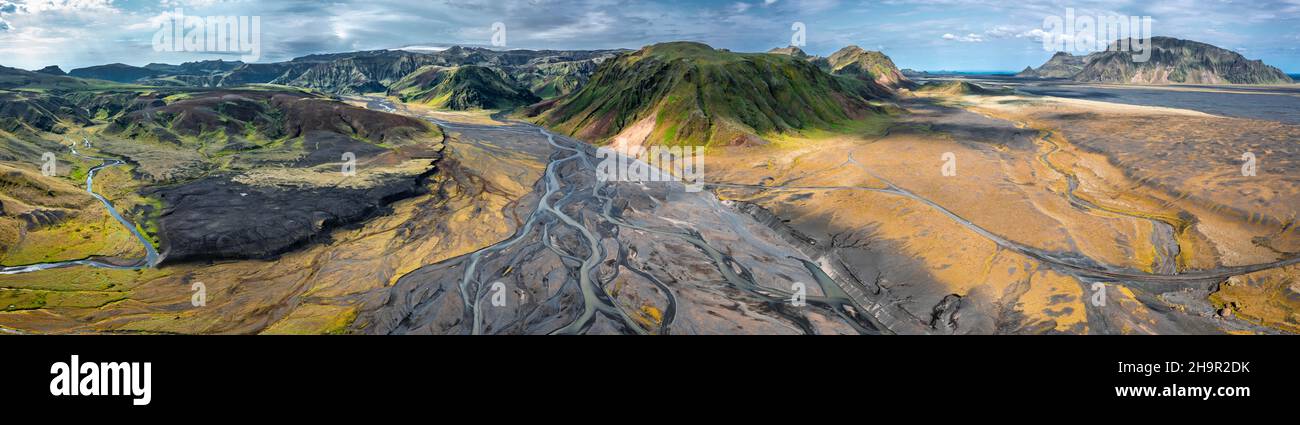 Mountain panorama, volcanic landscape and river, glacier river from ...