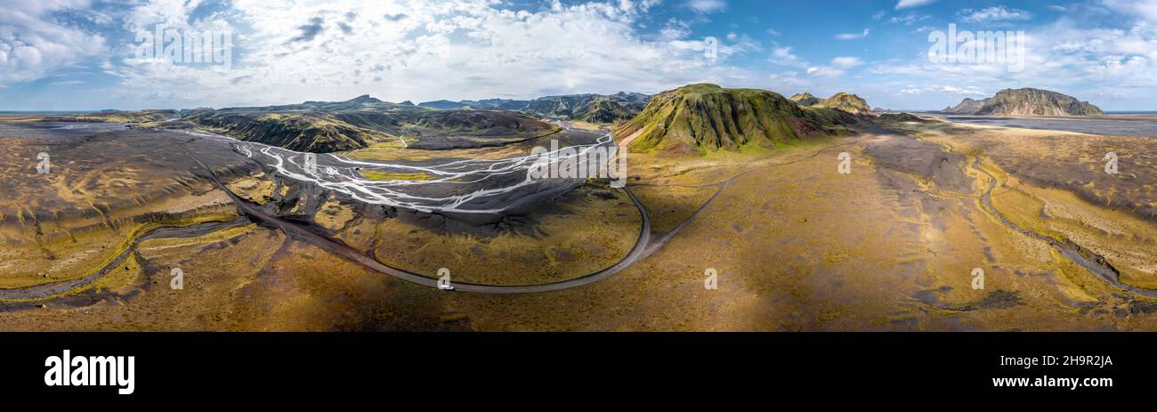 Mountain panorama, volcanic landscape and river, glacier river from ...