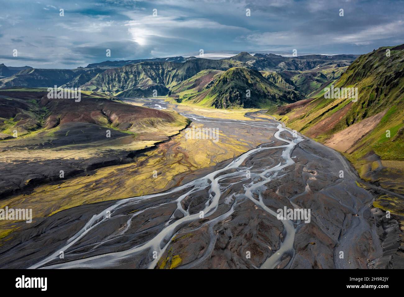 Mountain panorama, volcanic landscape and river, glacier river from ...