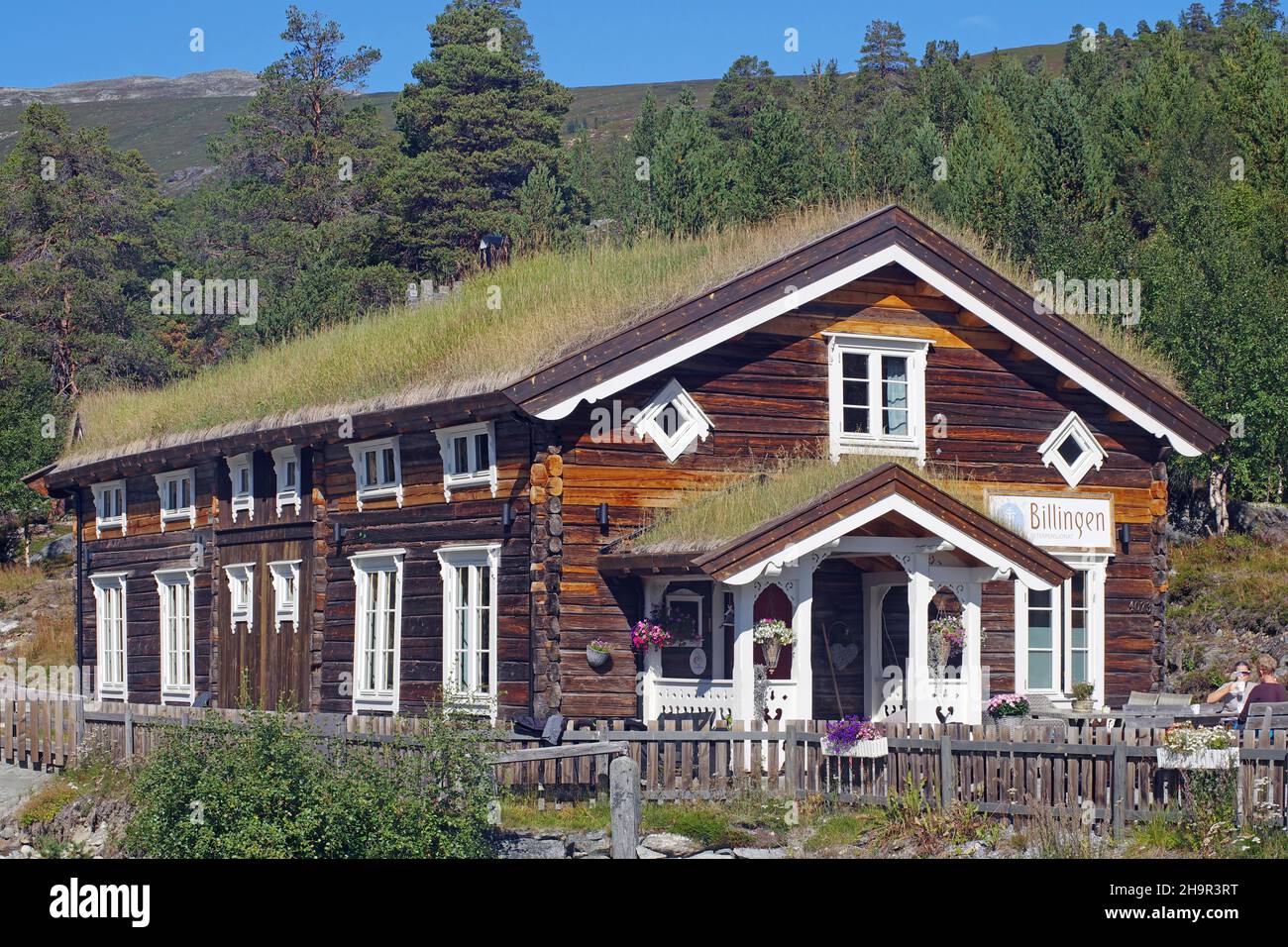 Wooden hut with grass roof, tourist accommodation, Skjak, Western ...