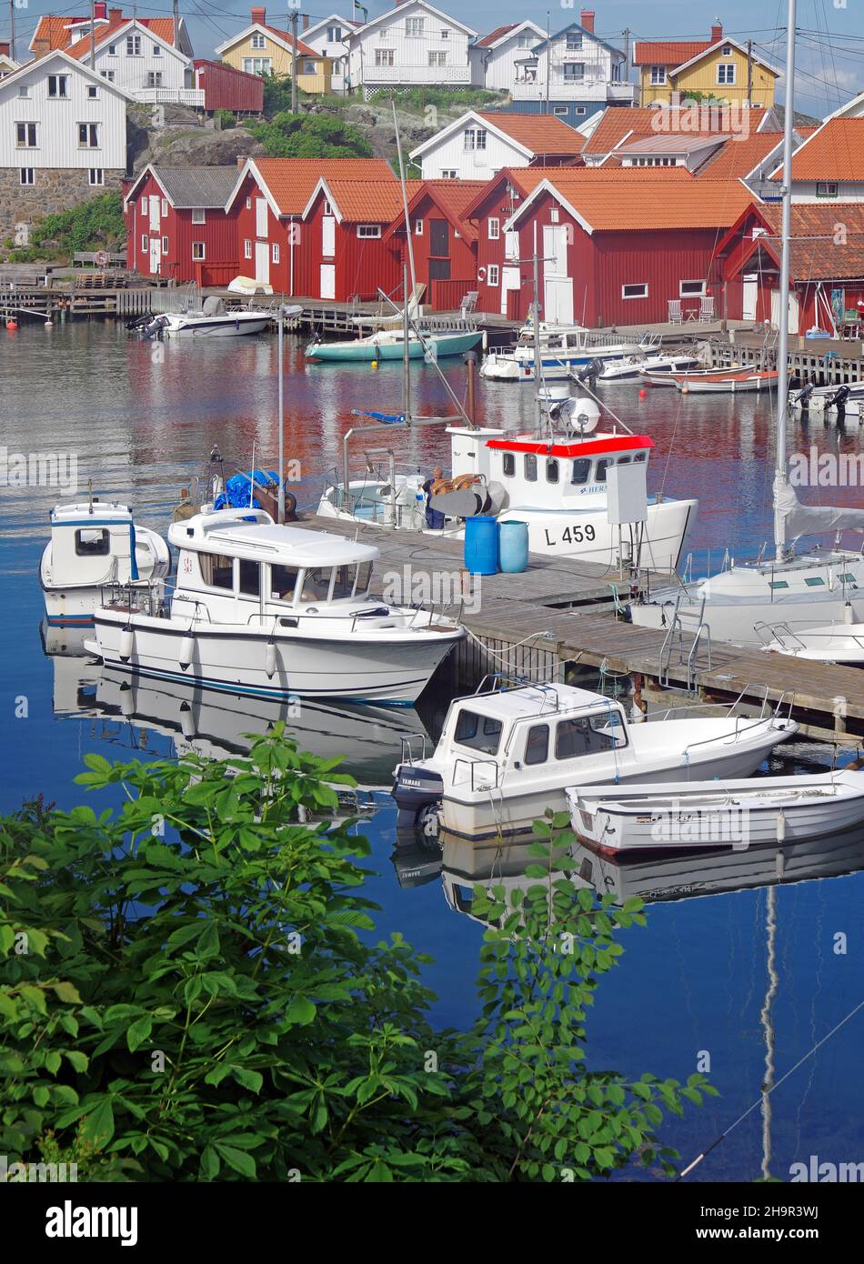 Boats and boathouses, small harbour, archipelago island, Gullholmen ...