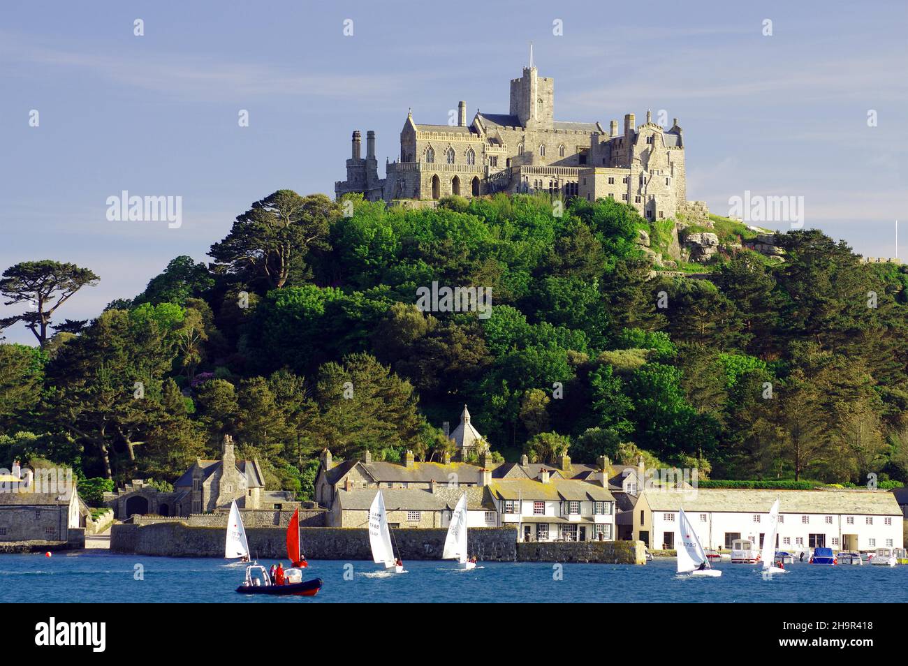 Sailboats and island, castle and fortification on an island, beach, St ...