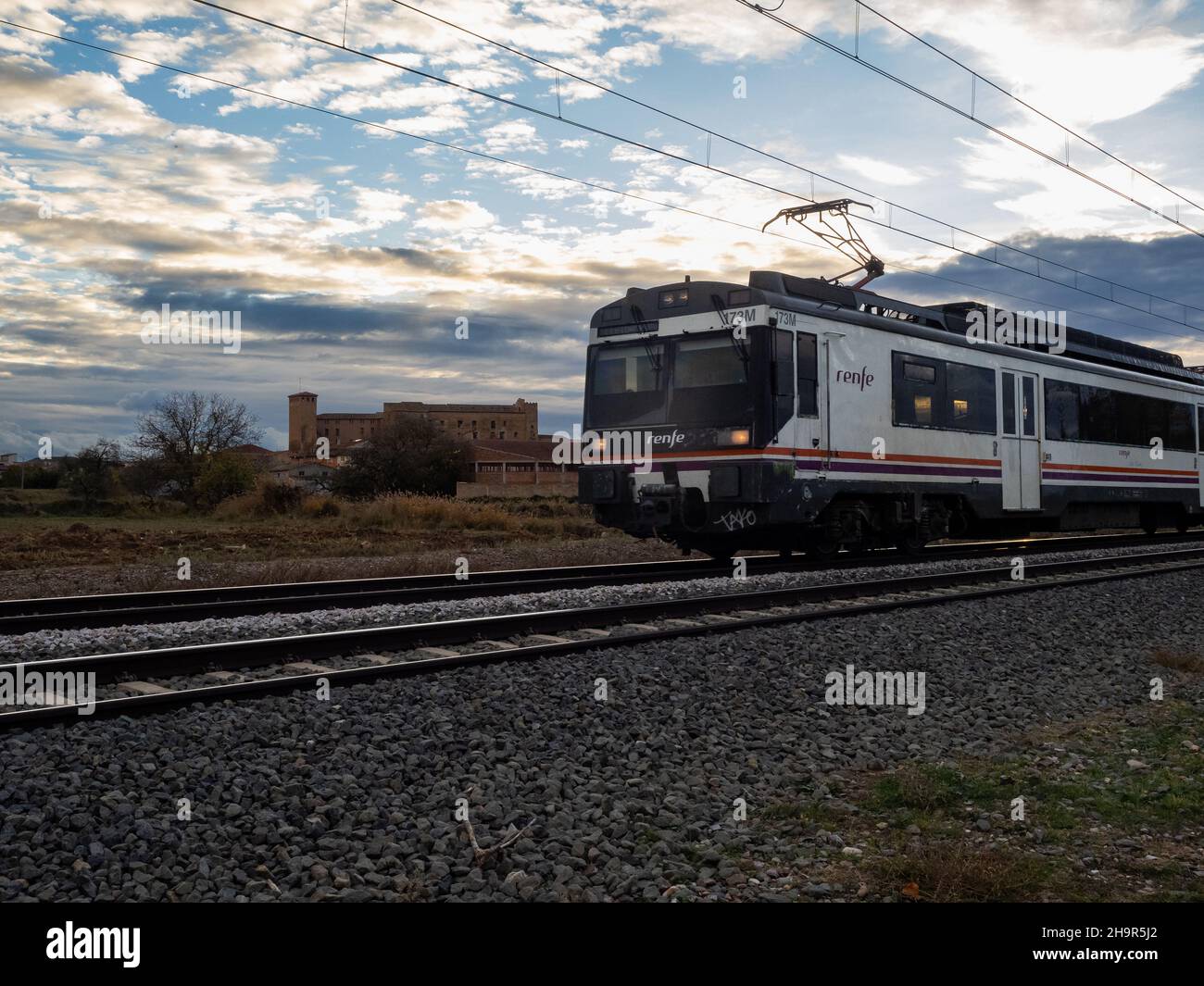 A regional train passing by the town of Cetina in Zaragoza (Spain Stock ...