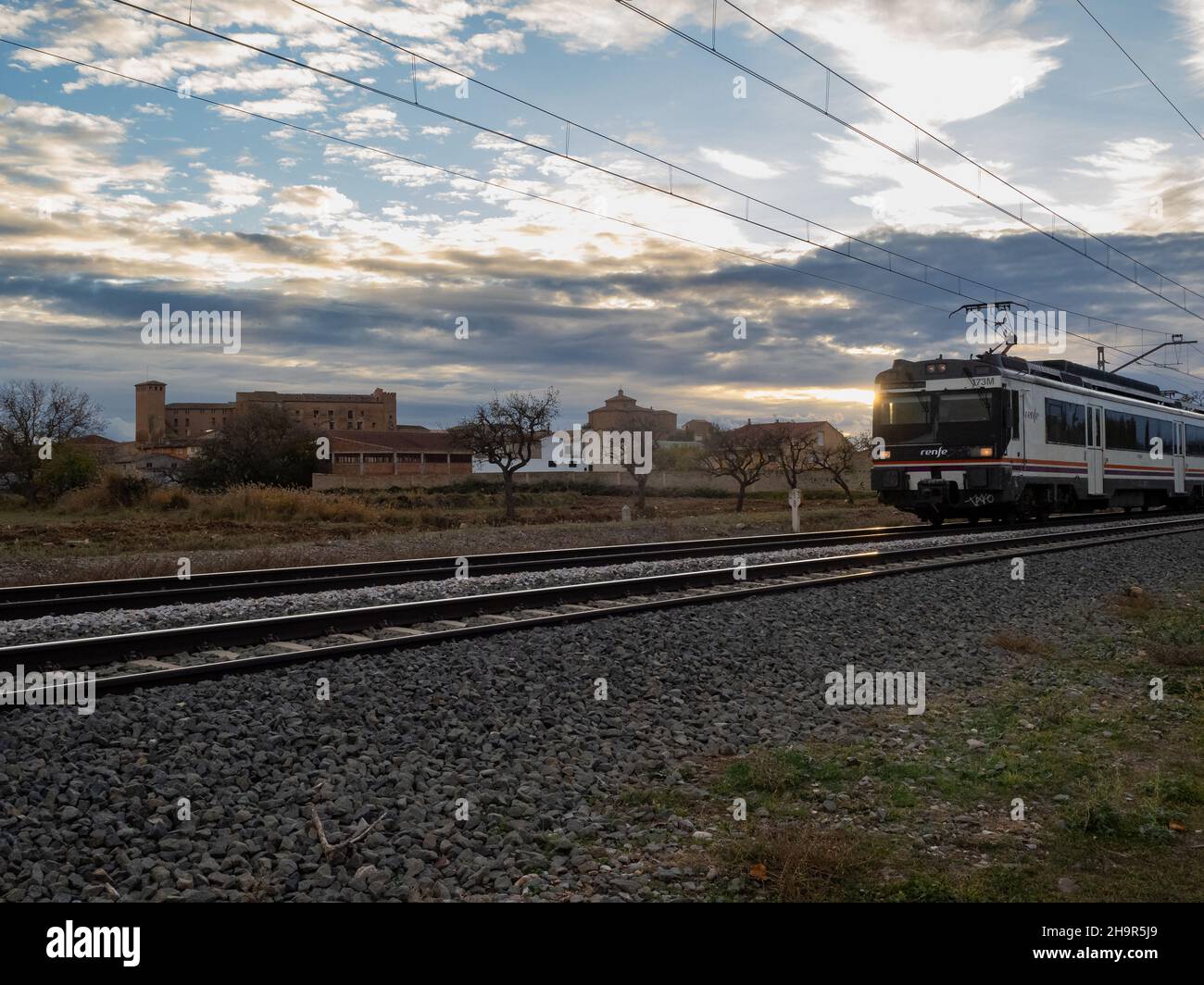 A regional train passing by the town of Cetina in Zaragoza (Spain Stock ...