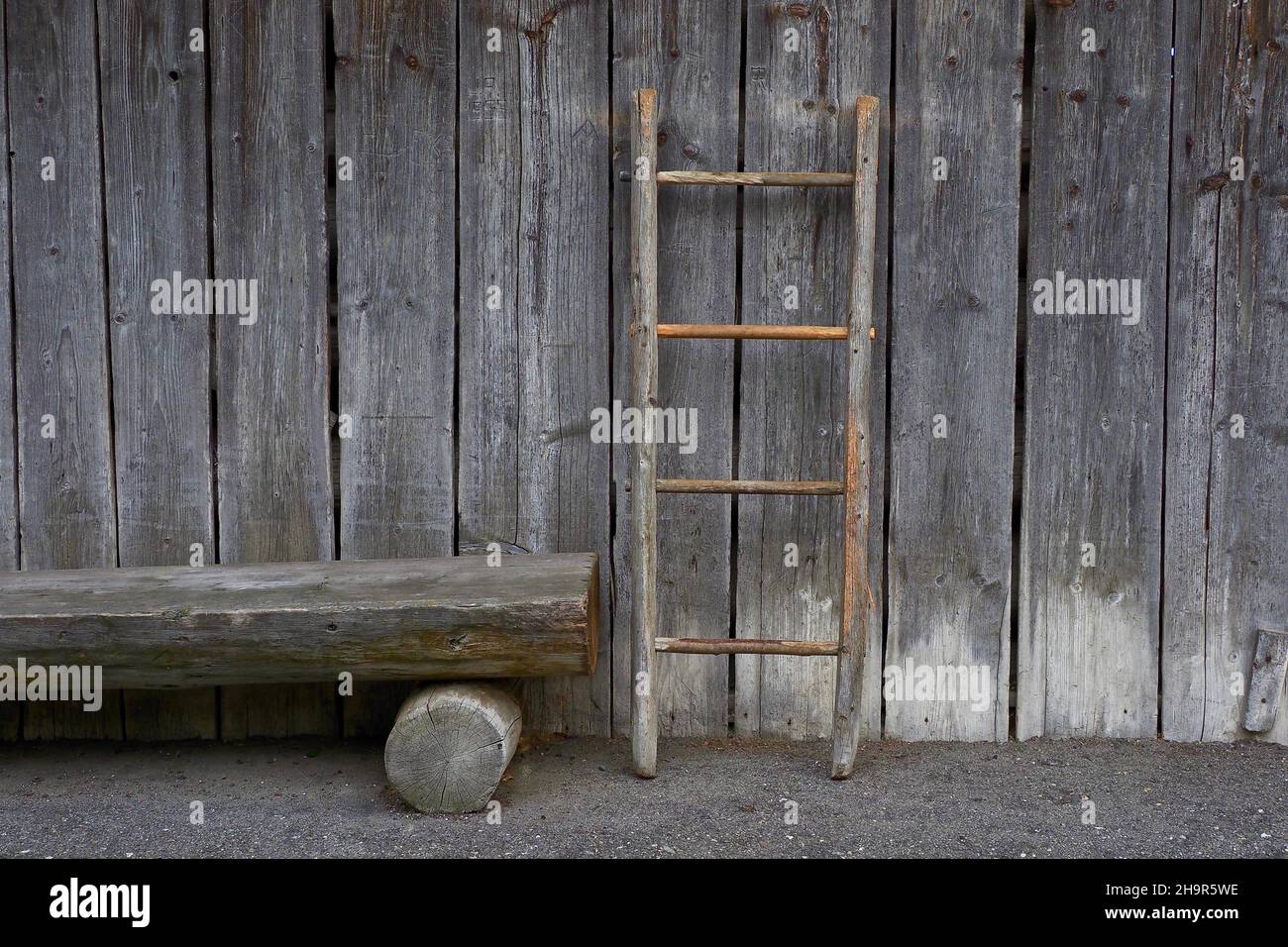 Wooden still life with bench and ladder, wooden ladder, wooden bench ...