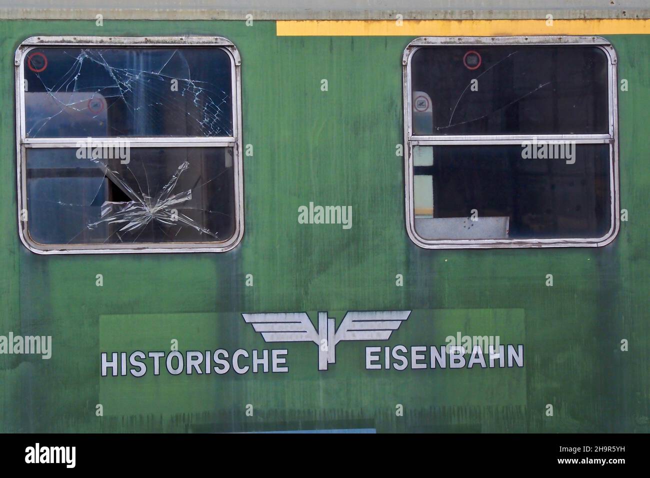 Green railway wagon on siding, historic railway, disused station ...