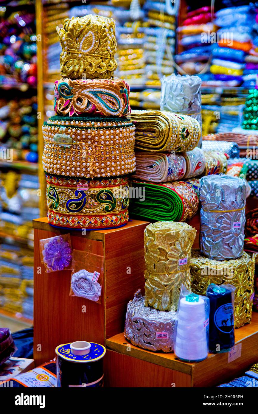 Bordure and fabrics in the souk, Muscat-Mutrah, Muscat, Oman Stock ...