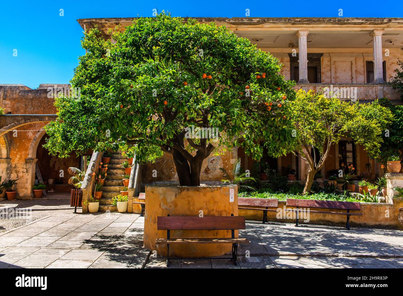 Monastery courtyard with monk cells, Moni Agia Triada, Crete, Agia ...