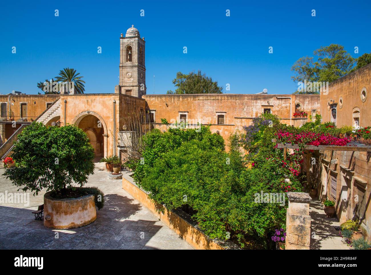 Monastery courtyard with monk cells, Moni Agia Triada, Crete, Agia ...