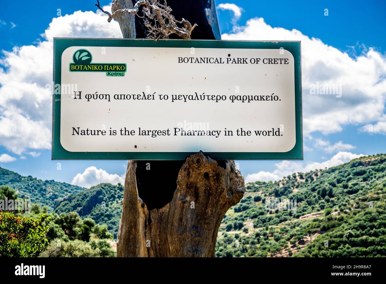 Botanical garden with flowers, shrubs, trees and herbs from Crete and ...