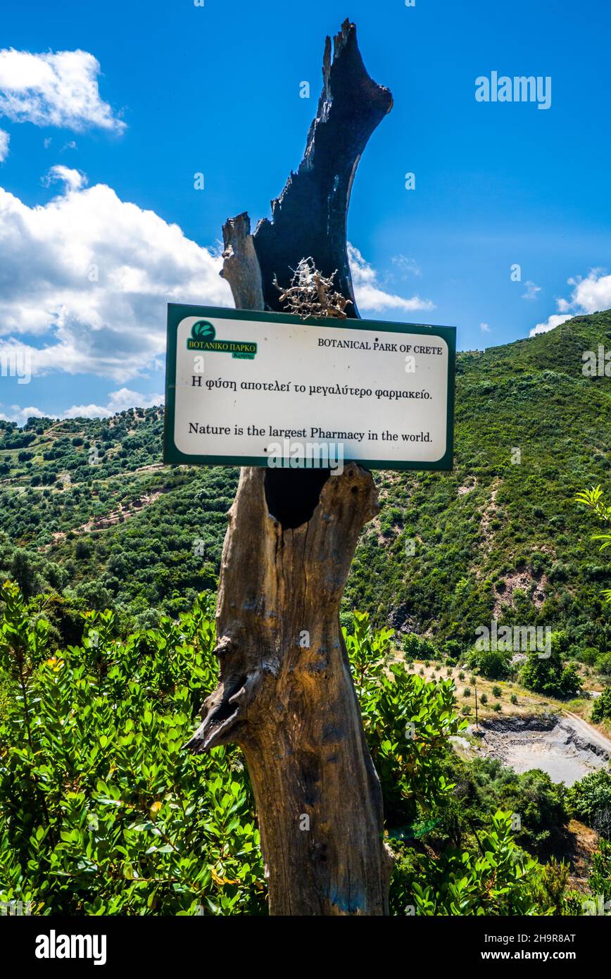 Botanical garden with flowers, shrubs, trees and herbs from Crete and ...