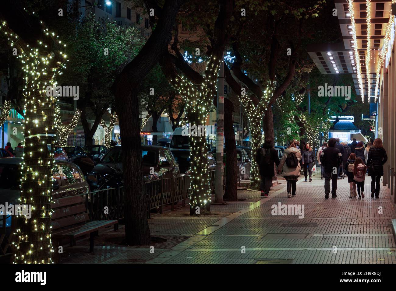 Thessaloniki, Greece night view of Christmas holidays decorations by a ...