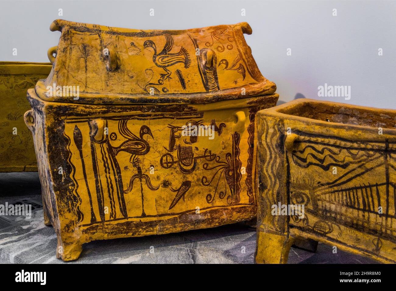 Chest sarcophagi, Minoan Larnax with painting of brides, carriage and ...