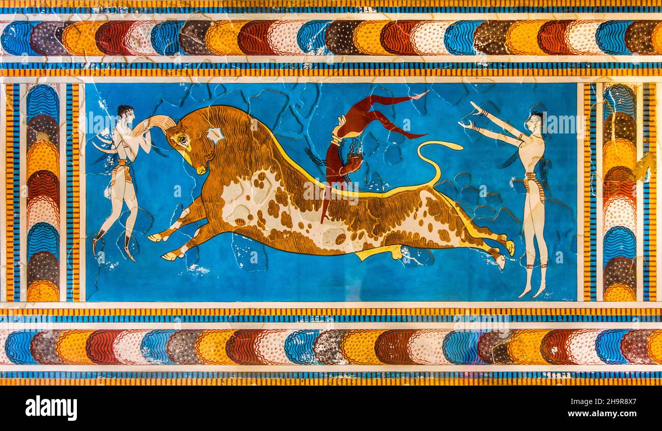 Bull-leaping fesco (replica) from the Knossos sculpture, 1500, 1400 BC ...