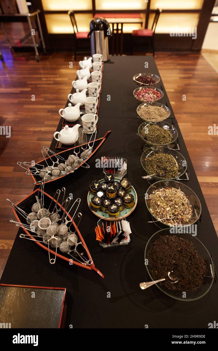 Buffet with various types of tea in the restaurant Stock Photo - Alamy