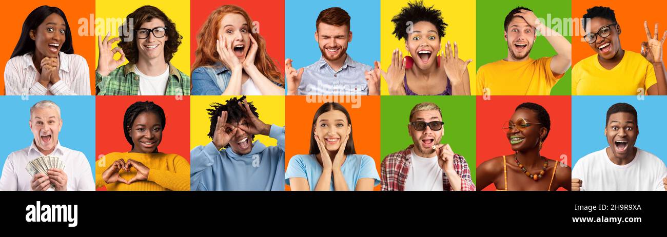 Collage of different emotions of mature and young diverse men and women ...