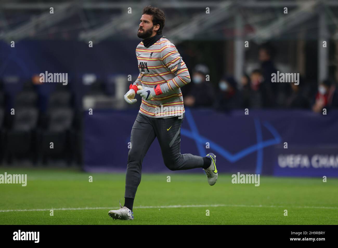 Milan, Italy, 7th December 2021. Alisson Becker of Liverpool during the warm up prior to the ...