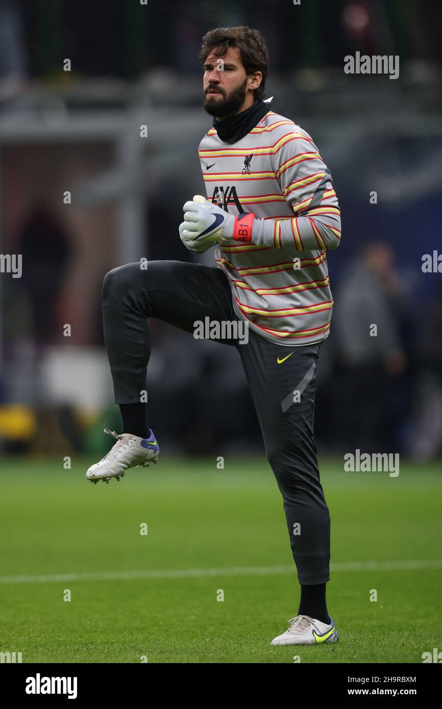 Milan, Italy, 7th December 2021. Alisson Becker of Liverpool during the warm up prior to the ...