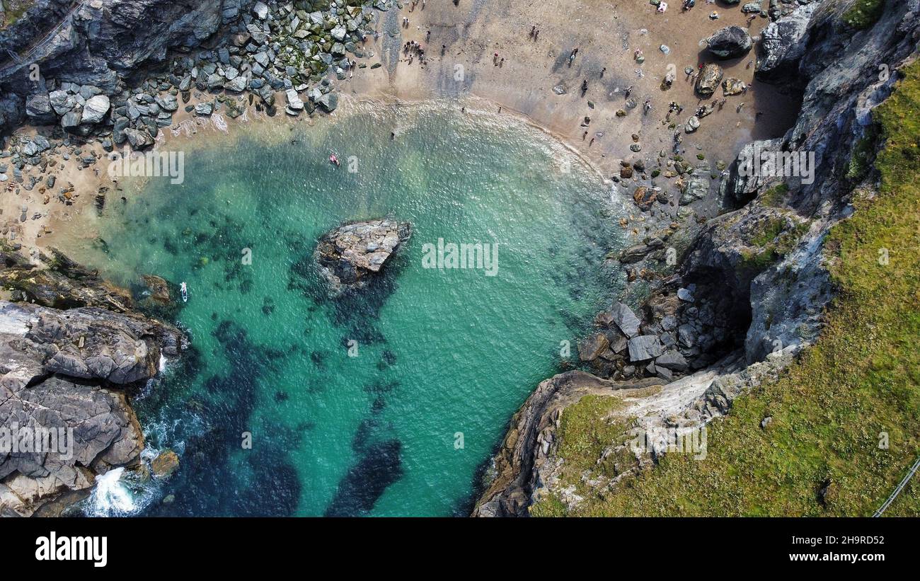 Bird's eye view of a beautiful island with lagoon water and cliffs ...