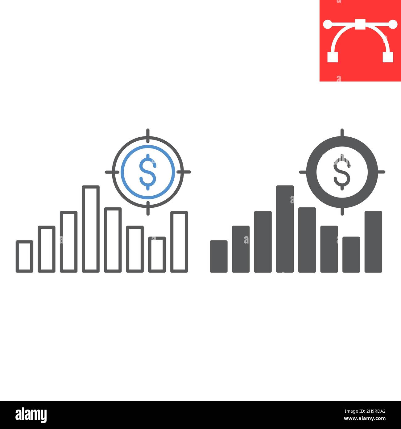 Sales target line and glyph icon, graph and target with dollar, diagram ...