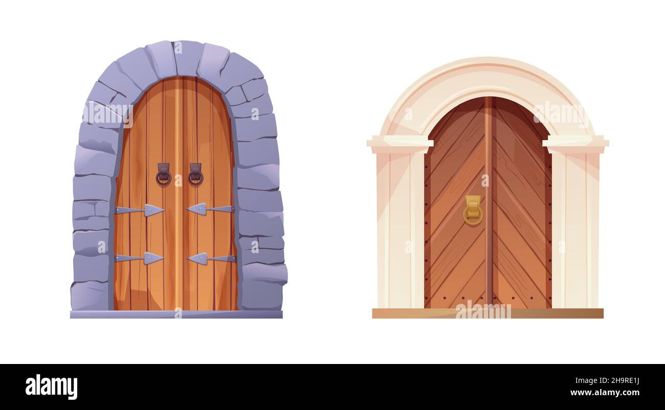 Antique medieval wooden door with metal round handle and lined with ...