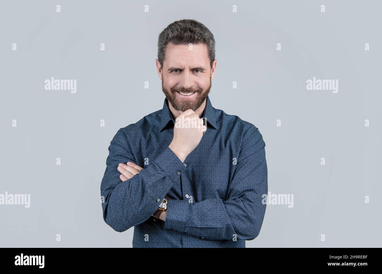 As distinctive as your smile. Happy manager smile grey background. Oral ...