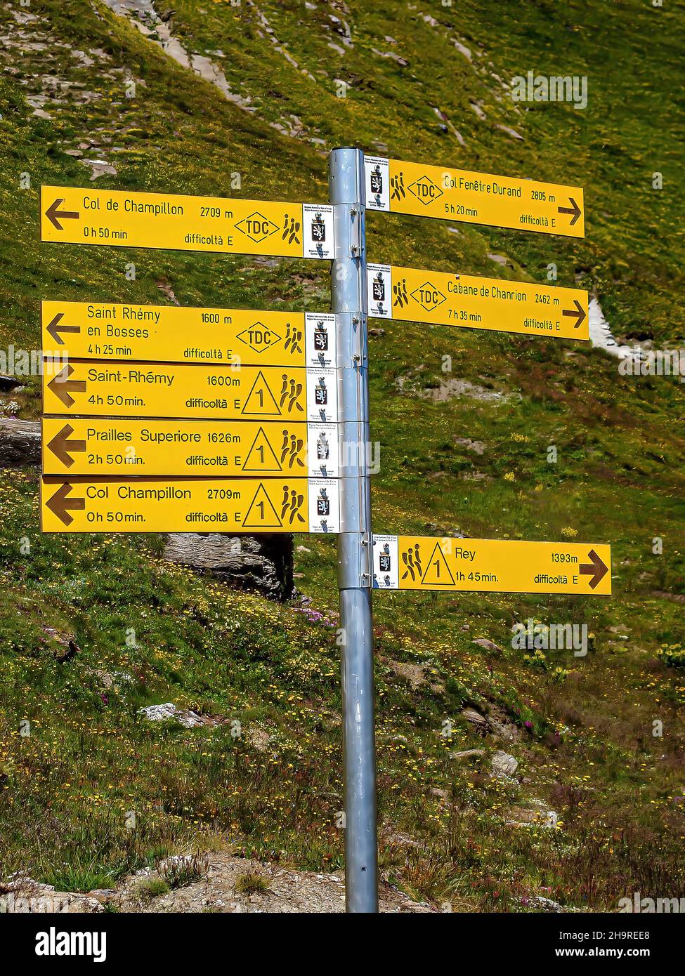 Pillar of signs showing directions for the hikers Stock Photo - Alamy