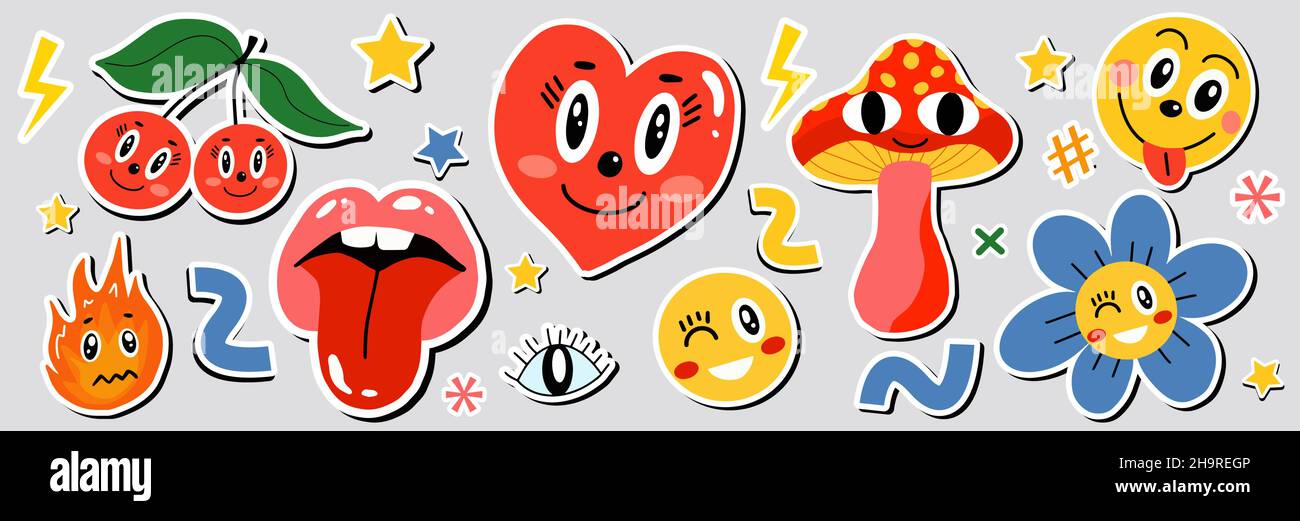 Abstract shapes, funny comic cute characters and doodles stickers ...