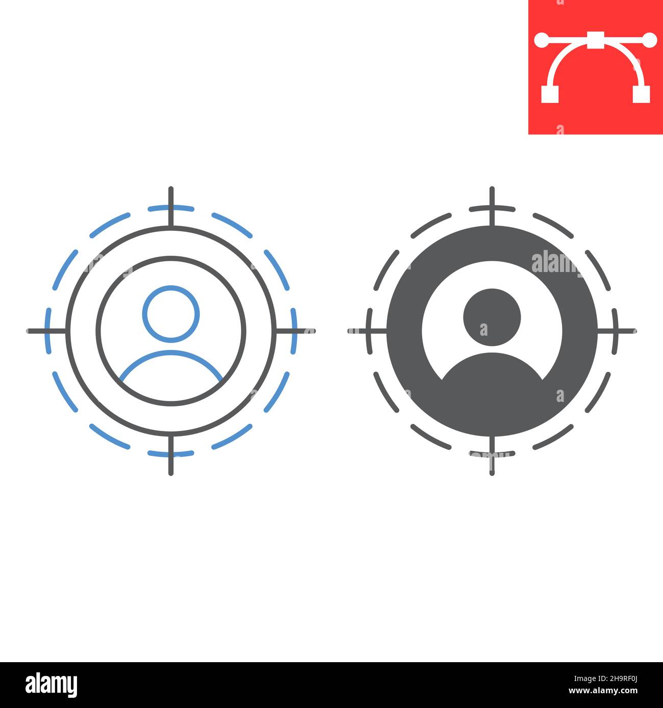 Target audience line and glyph icon, marketing and aim, targeting ...