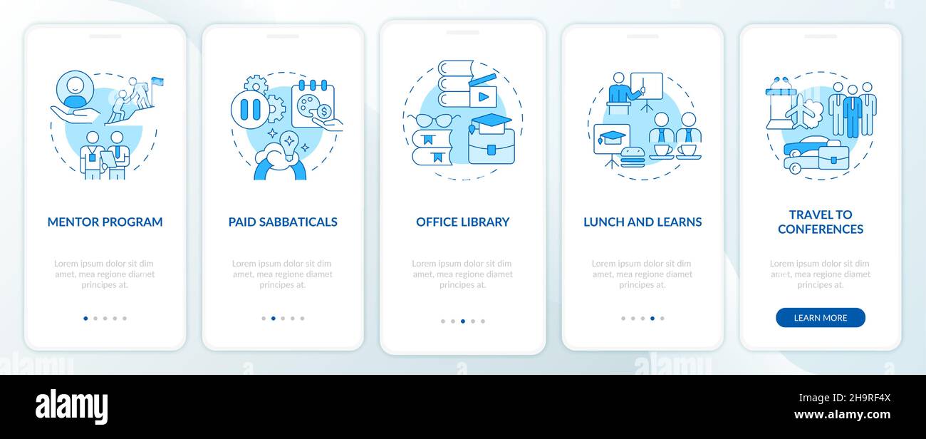 Employee education perks onboarding mobile app page screen Stock Vector ...