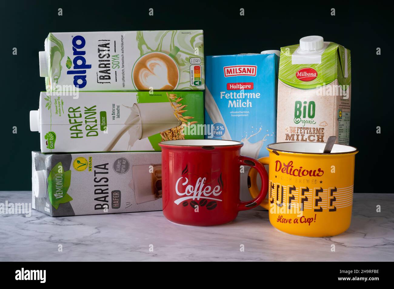 Berlin, Germany - November 25, 2021: View of different packs of milk ...