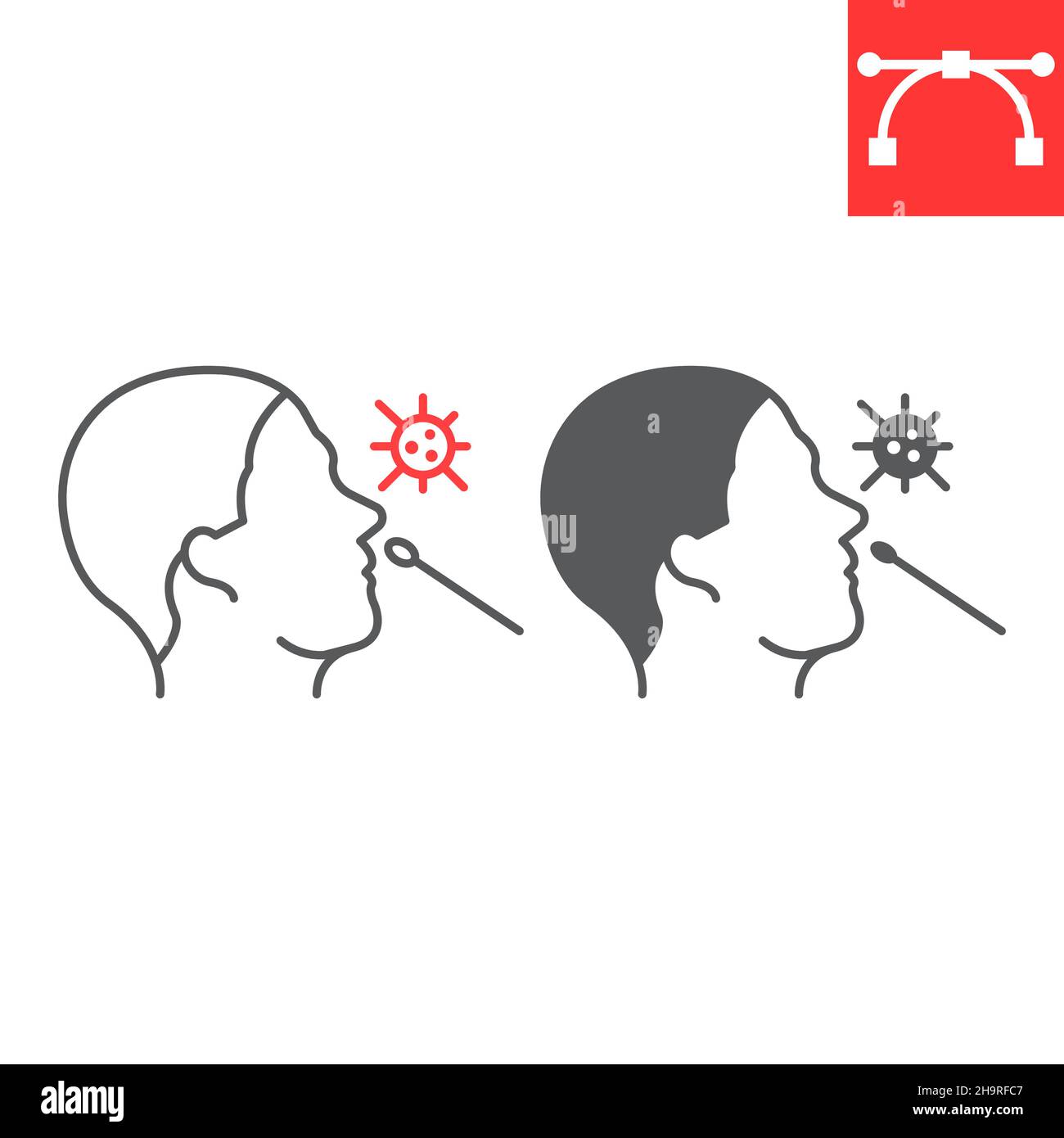 Nasal swab test line and glyph icon, diagnosis and covid, pcr test ...