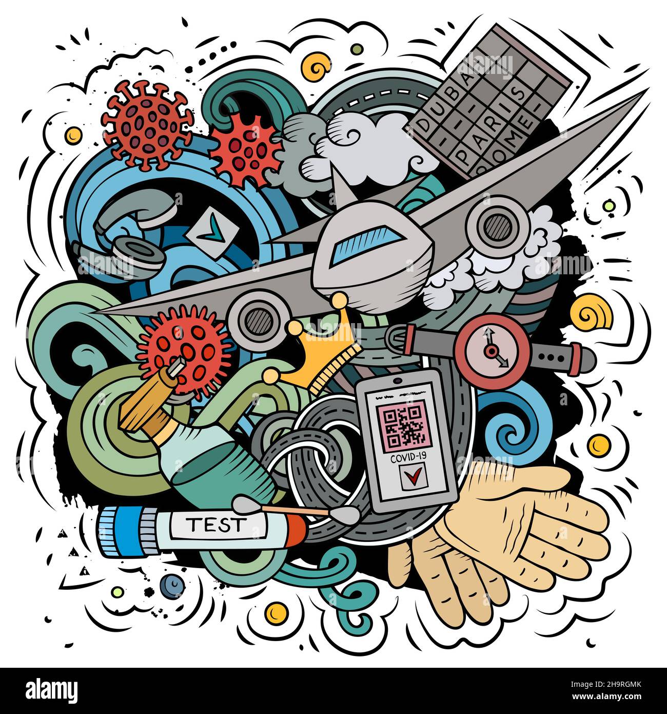 Traveling vector doodles illustration. New normal elements and objects ...