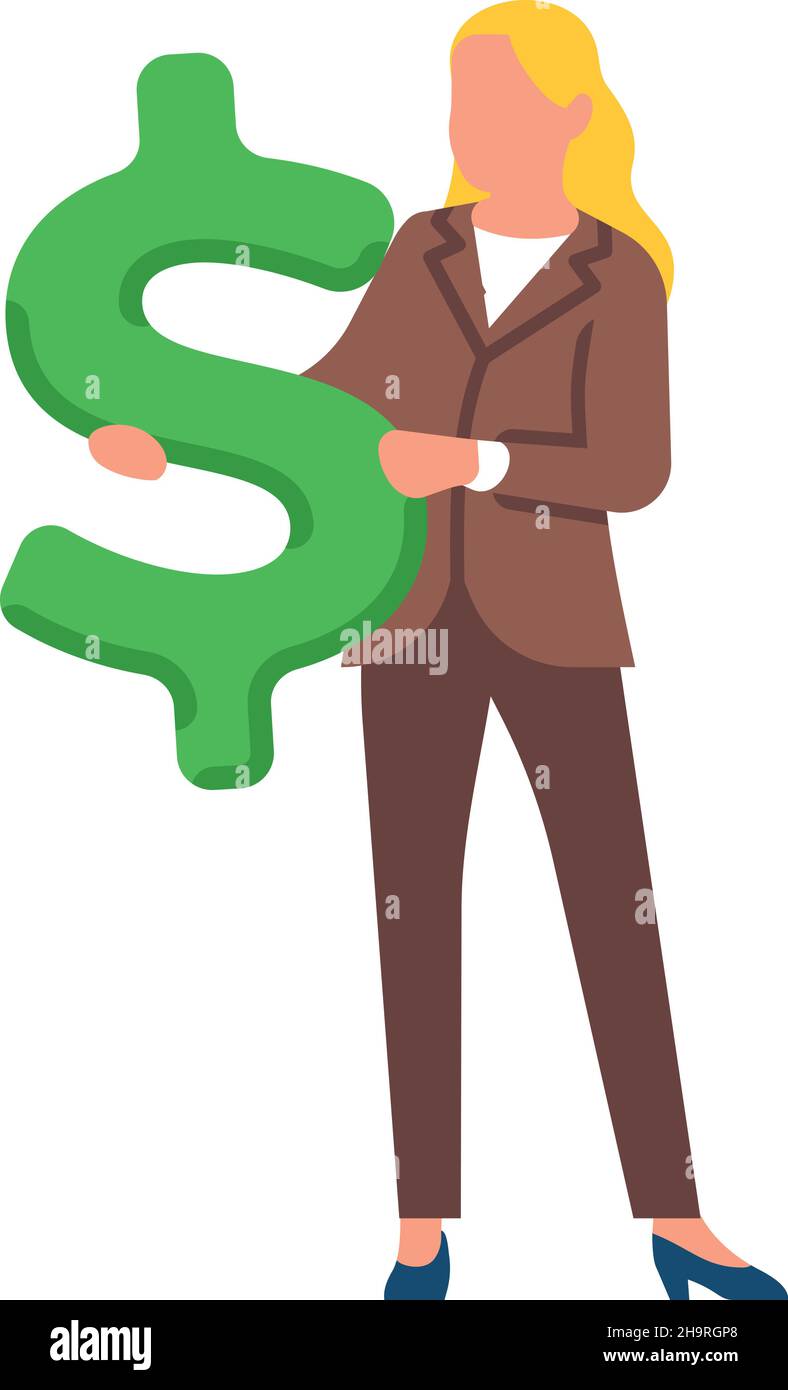 Blonde woman holding dollar sign. Girl with green money symbol Stock ...