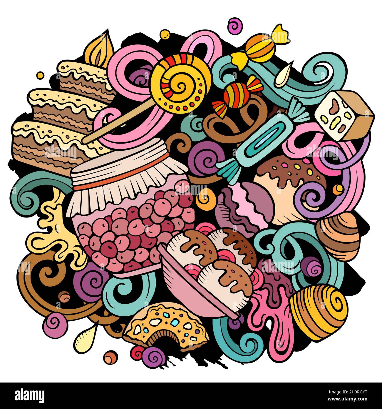 Sweet food vector doodles illustration. Desserts elements and objects ...